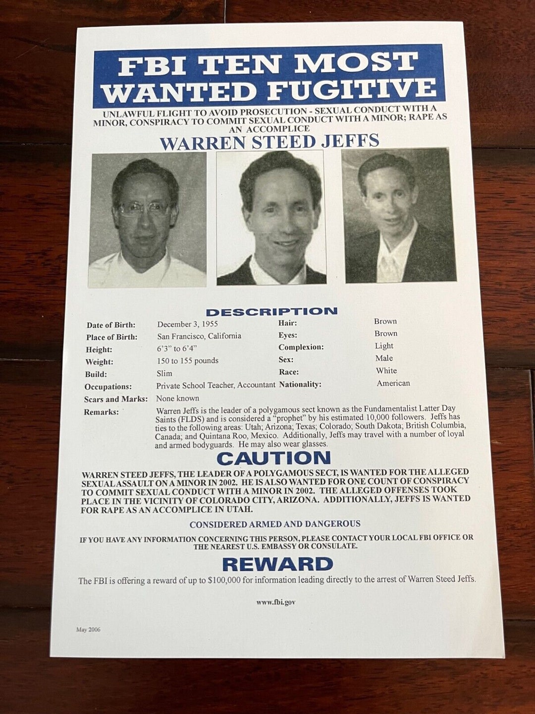 Rare FLDS President and Cult Leader Warren Jeffs FBI Wanted Poster *pls ...