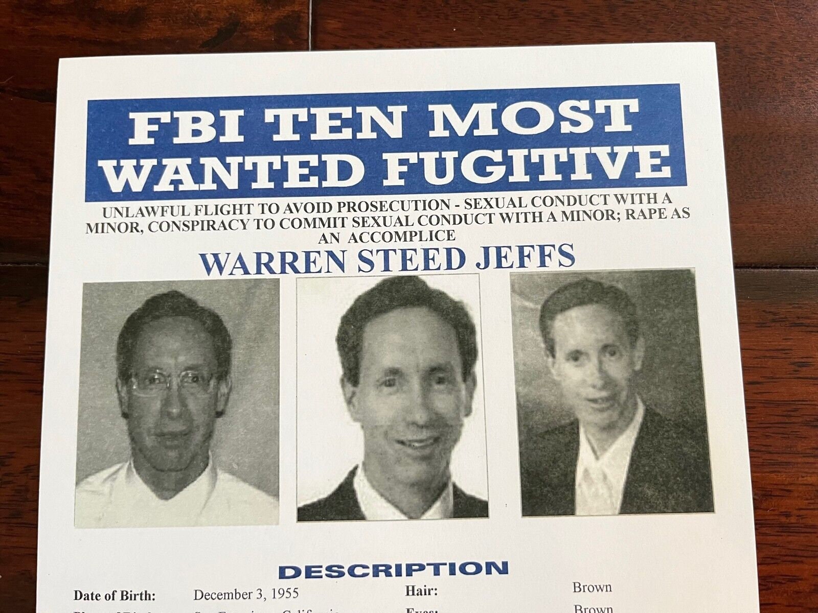 Rare FLDS President and Cult Leader Warren Jeffs FBI Wanted Poster *pls ...