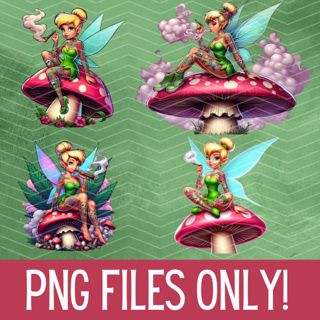 4 Cute Fairy Smoking on Mushroom PNG Designs Downloadable Digital File ...
