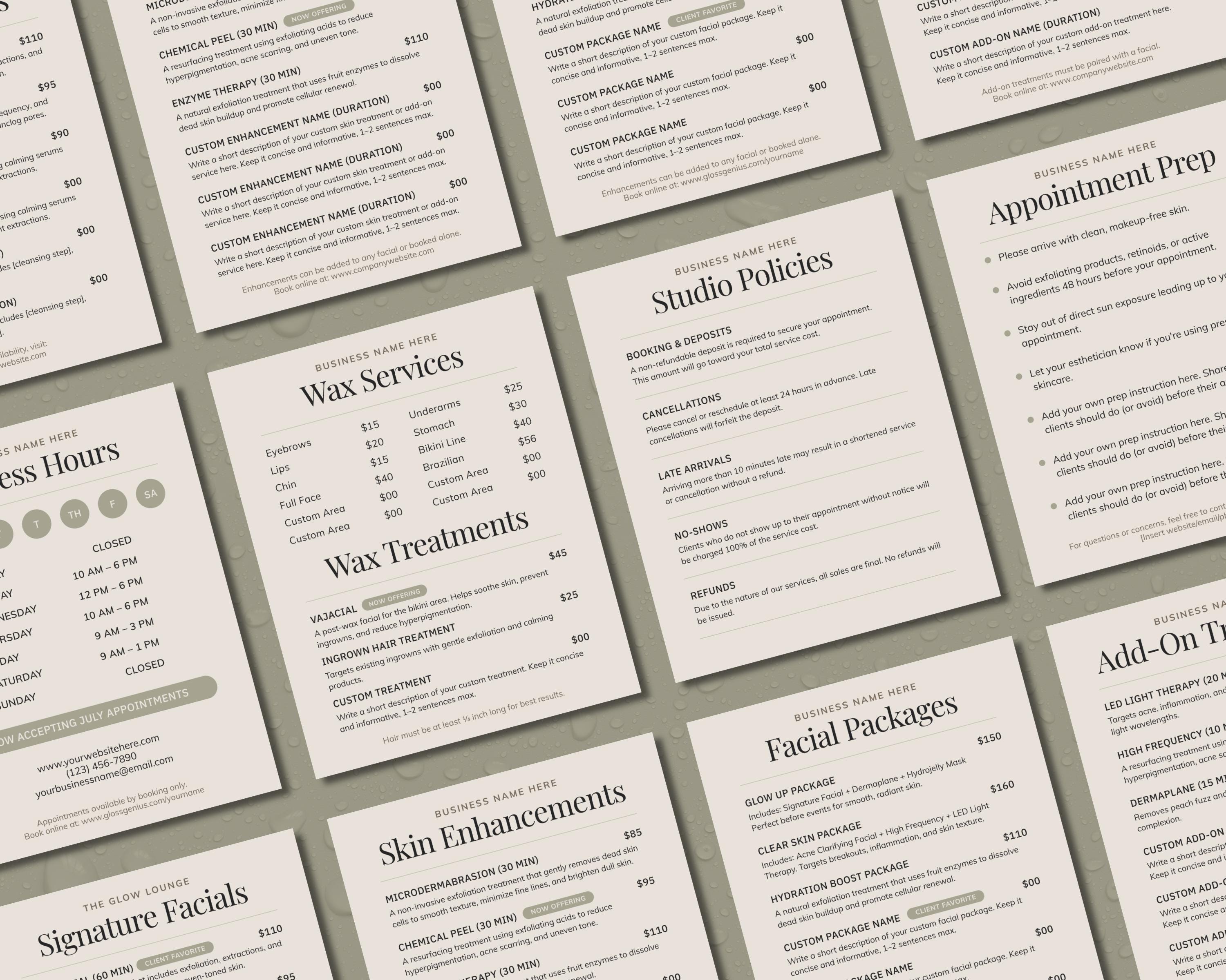 Esthetician Service Menu Template Bundle | Editable Canva Templates for ...