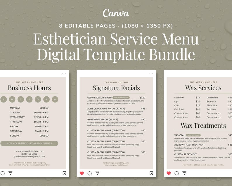 Esthetician Service Menu Template Bundle | Editable Canva Templates for ...