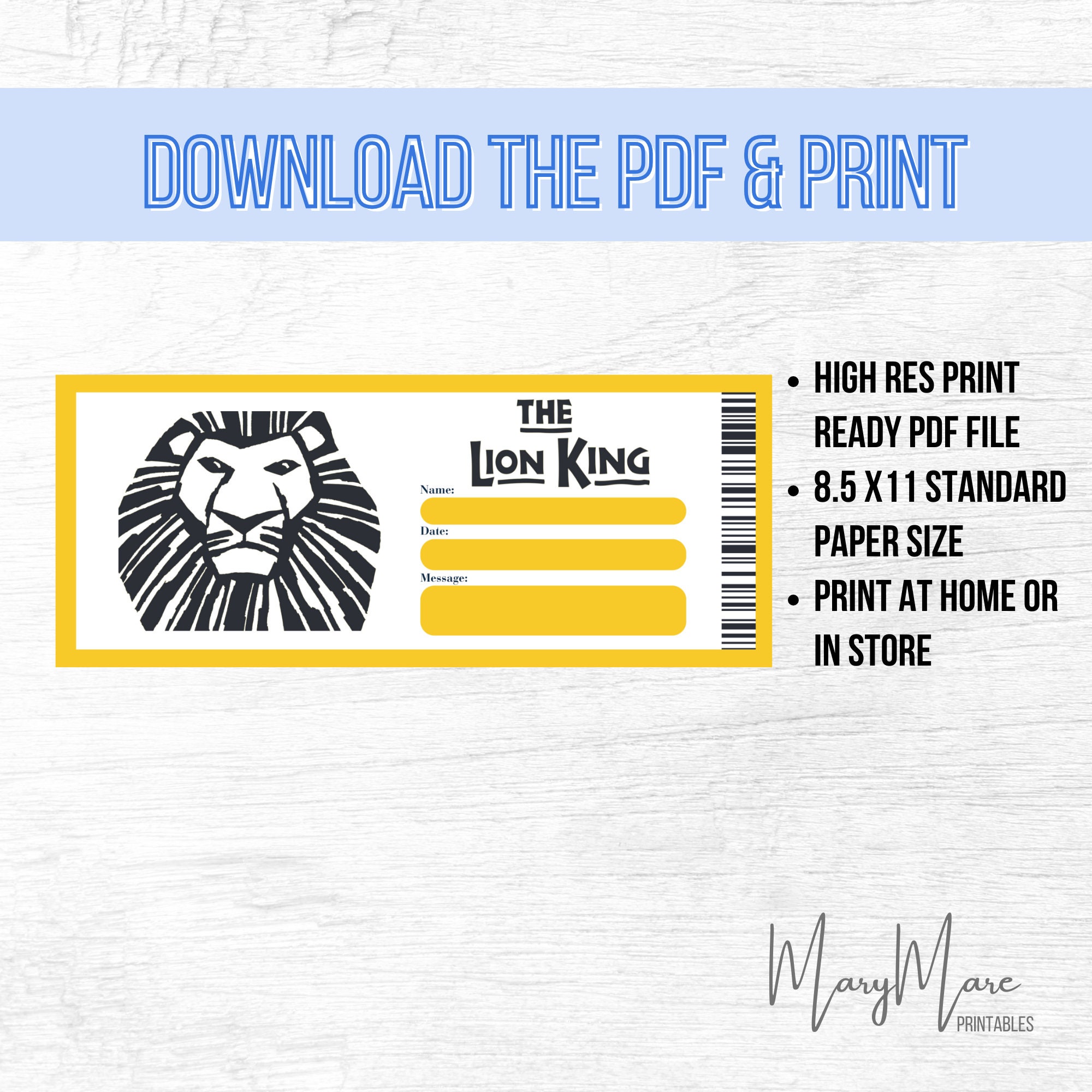 Lion King Ticket Print, Broadway Easy Print Ticket, Surprise Concert ...