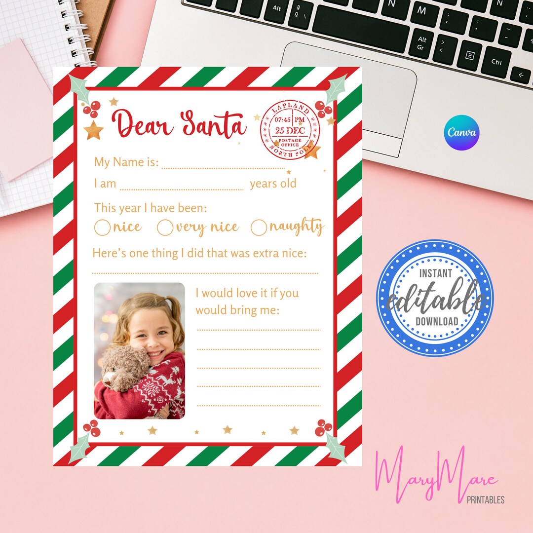 Santa Claus Editable Letter With Picture, Easy Print Christmas Canva ...