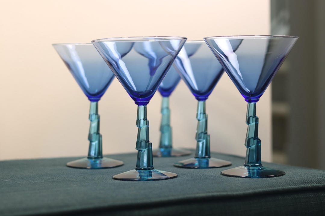 Rare Set of 5 Libbey Cobalt Blue Lighting Bolt Stemmed Martini Glass ...