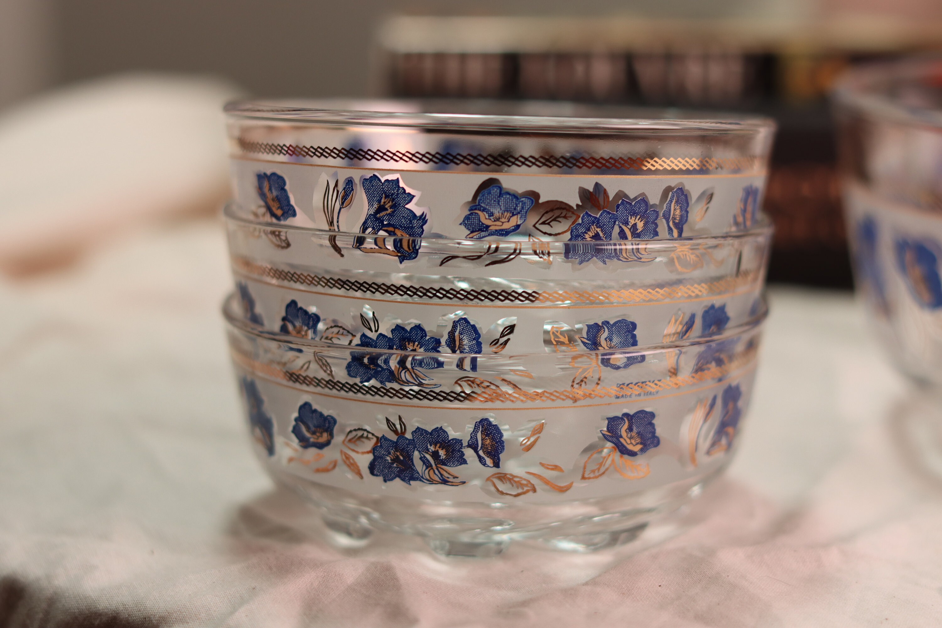 Blue and Gold Italian Cerve Glass Serving and Small Dessert Bowls Set ...