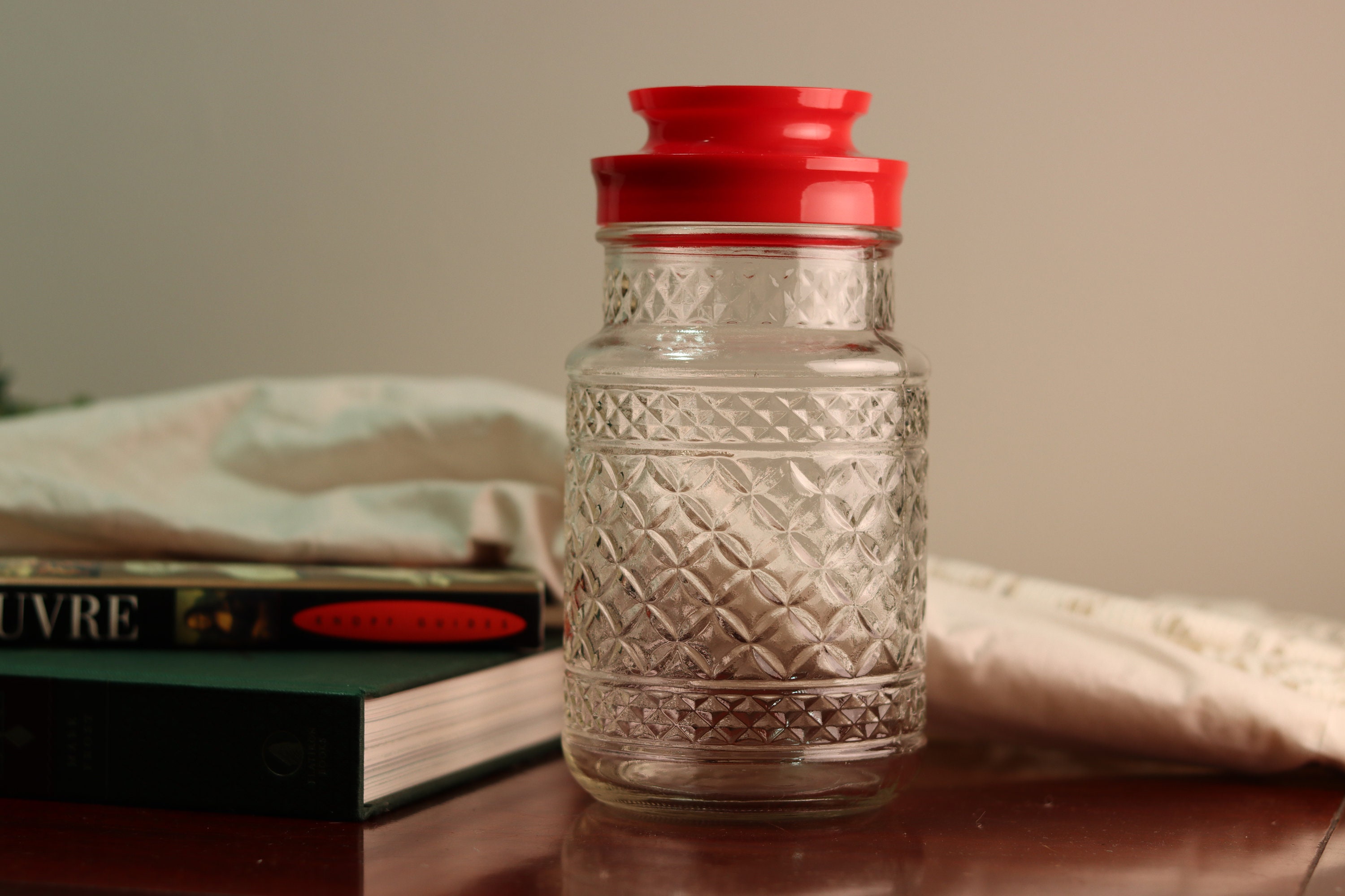 Vintage 1970s Anchor Hocking Storage Jar / Canister With Red Plastic ...
