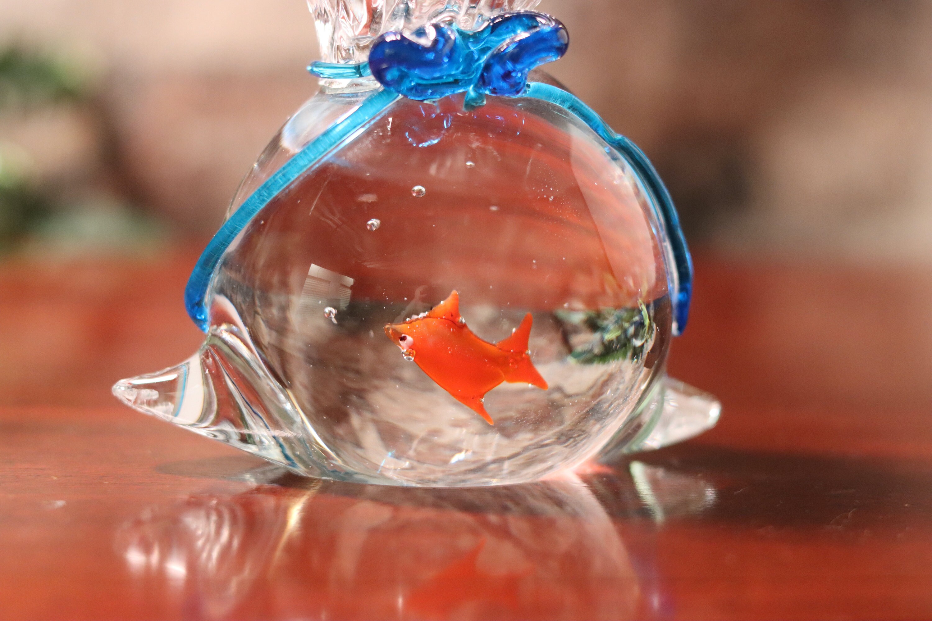 Handmade Murano Glass Aquarium Goldfish in A Bag Blue Ribbon ...