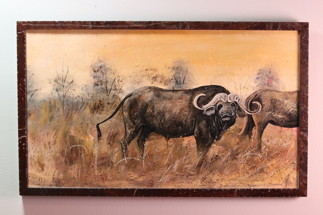 Original Vintage Folk Art African Buffalo Prairie Oil Painting With ...