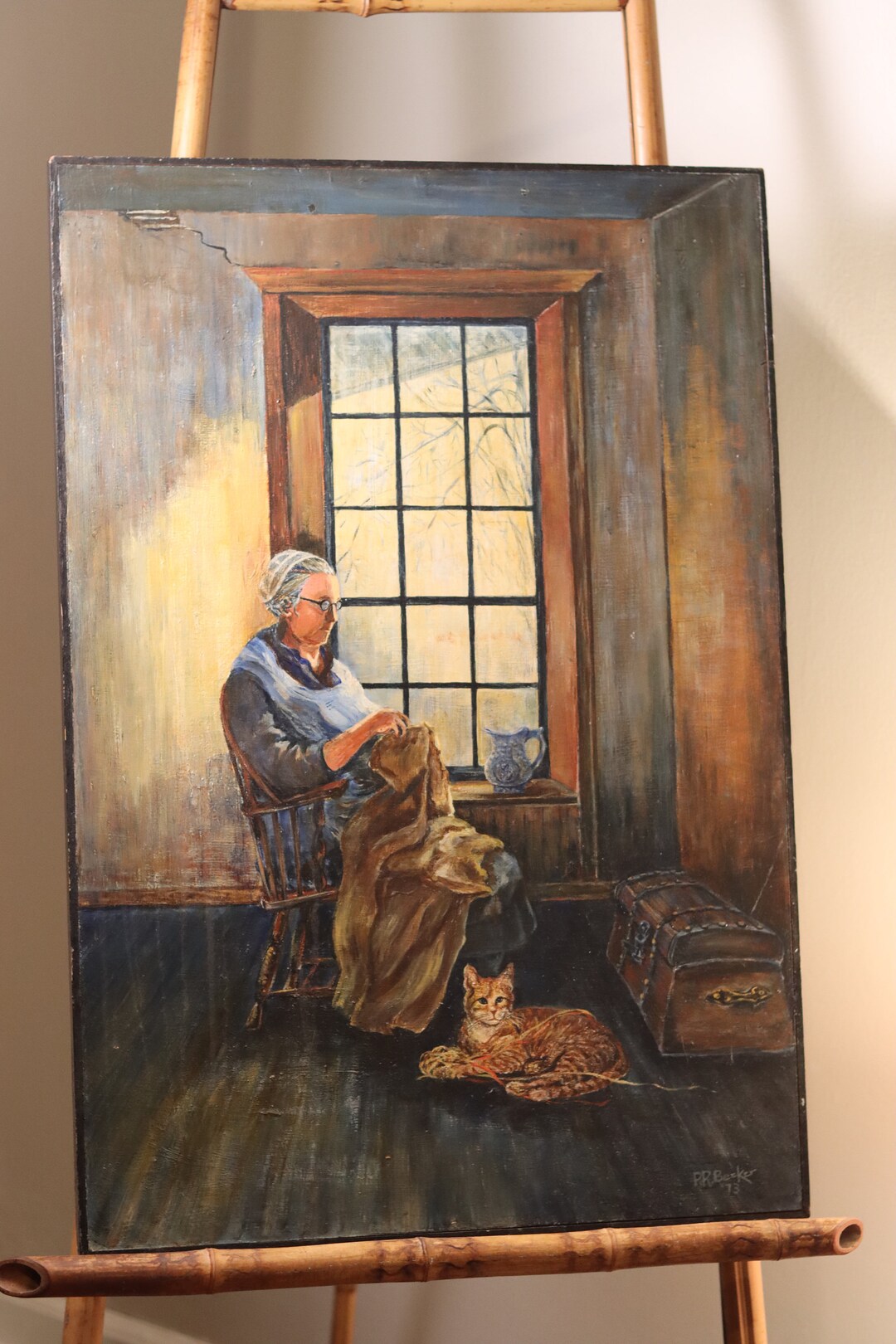 Original 1970s Oil Painting Portrait of Older Amish Woman Knitting W ...