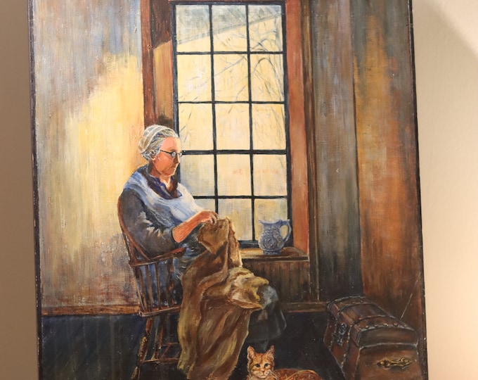 Original 1970s Oil Painting Portrait of Older Amish Woman Knitting W ...