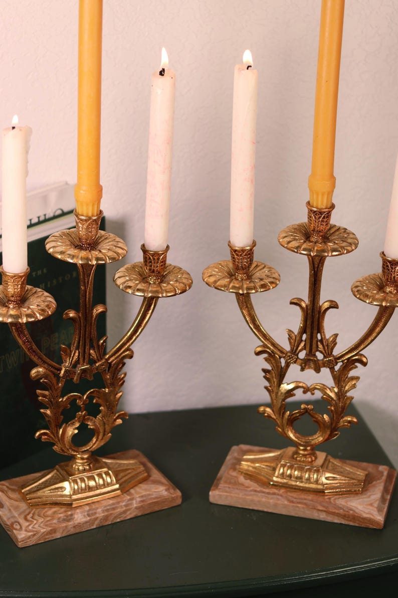 Set of 2 Heavy Ornate Floral & Leaf Brass 3-arm Candelabra With Italian ...