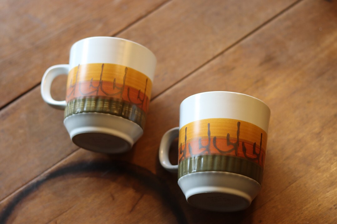 Vintage Stoneware Mugs Set | 1970s Abstract Desert Sunset, Made in ...