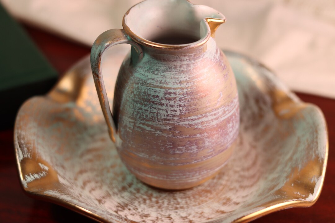 Two Piece Distressed 14 Carat Gold Stangl Pottery Pitcher Jug and Plate ...