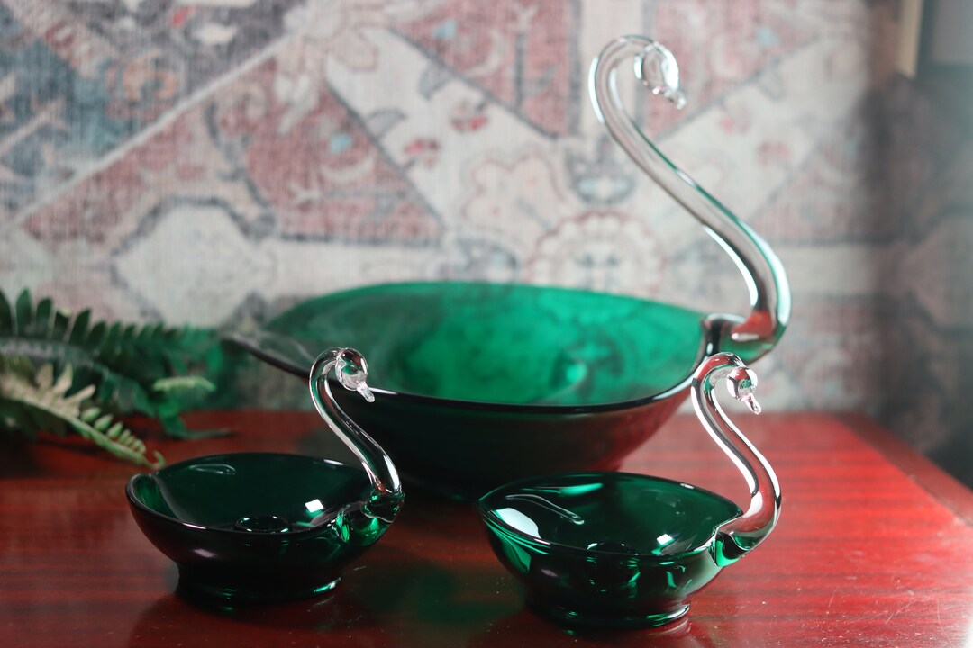Set of 3 Discontinued Viking Glass Emerald Green Swan Handblown Serving ...