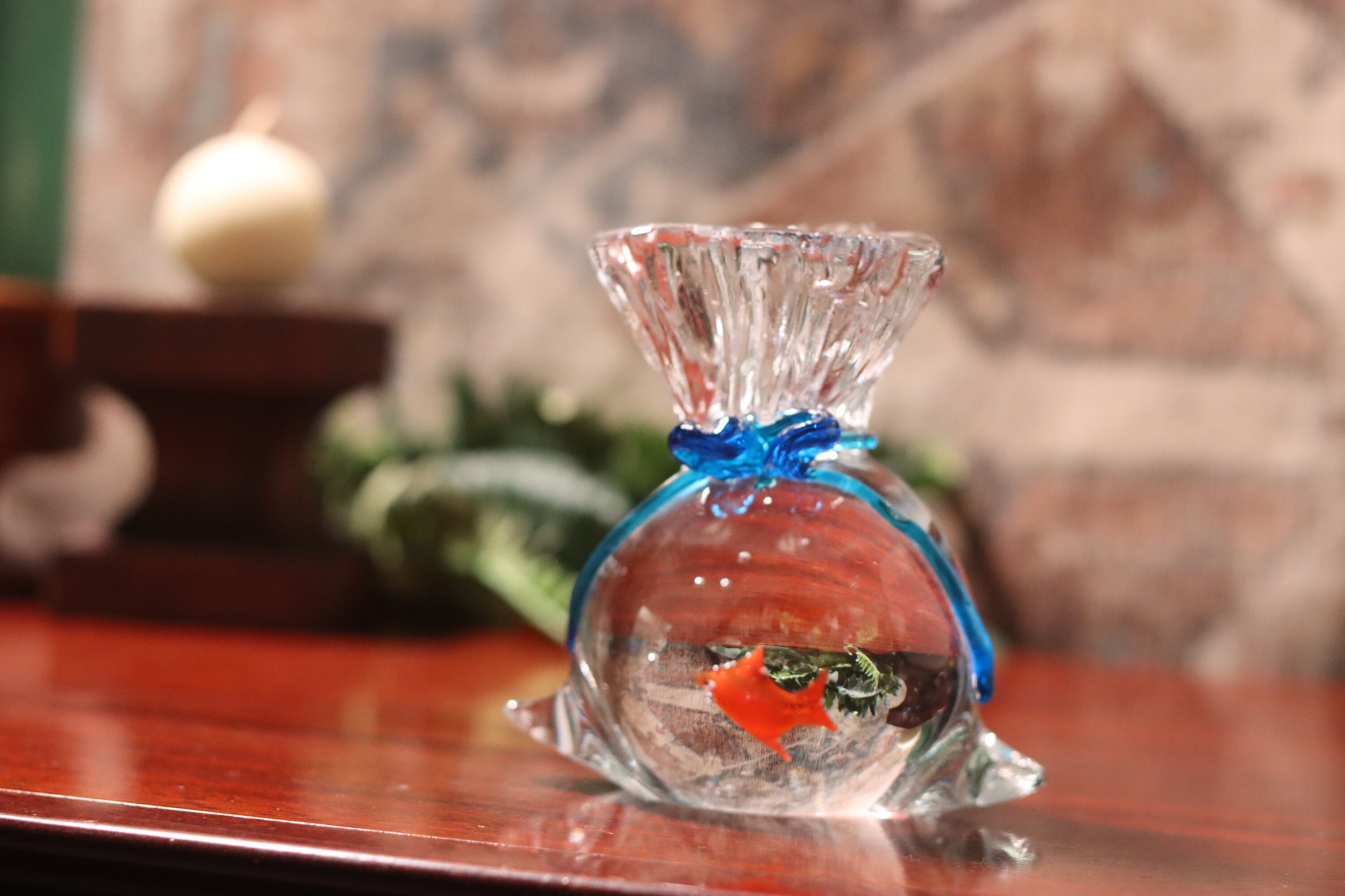 Handmade Murano Glass Aquarium Goldfish in A Bag Blue Ribbon ...