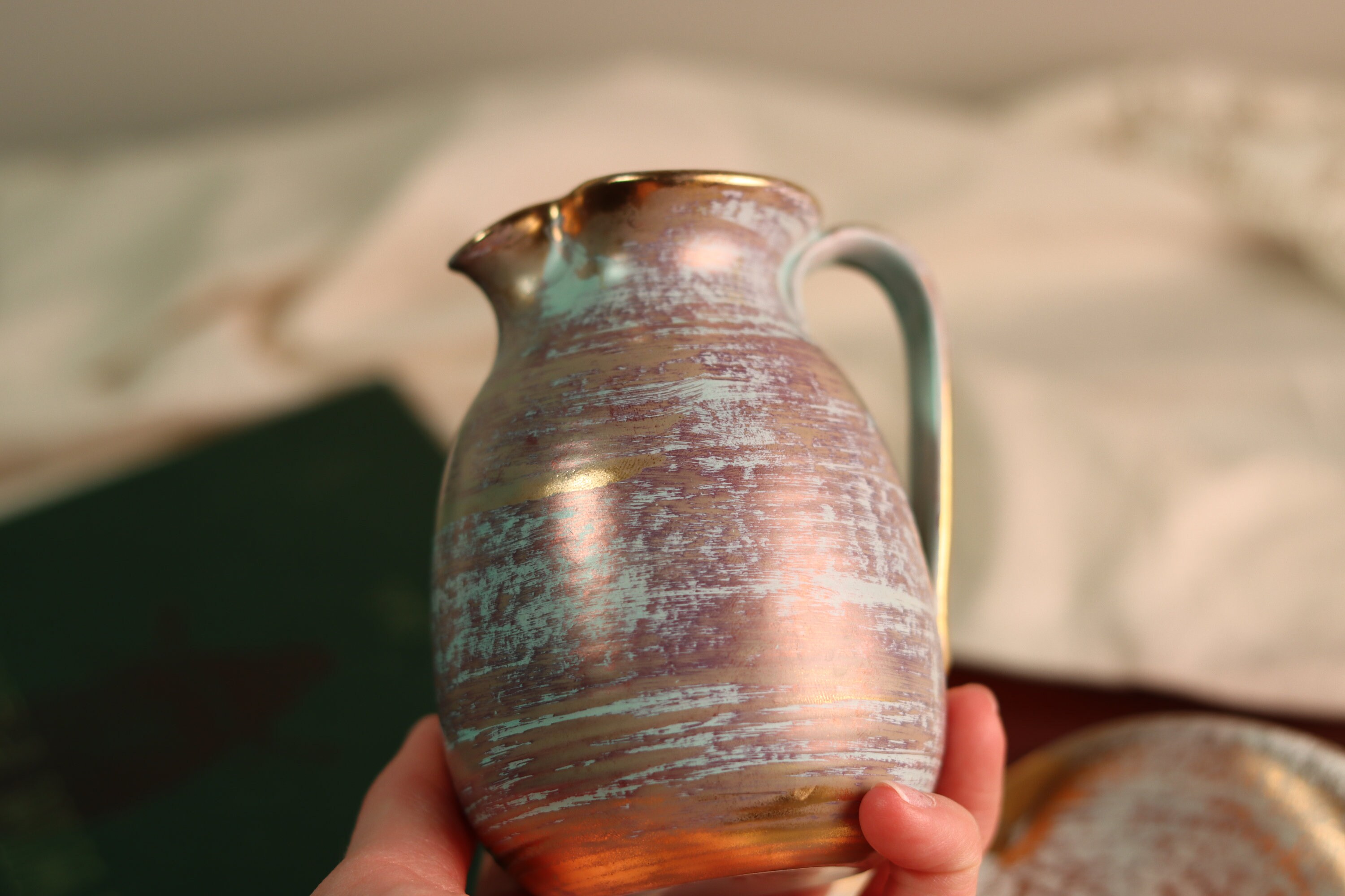 Two Piece Distressed 14 Carat Gold Stangl Pottery Pitcher Jug and Plate ...