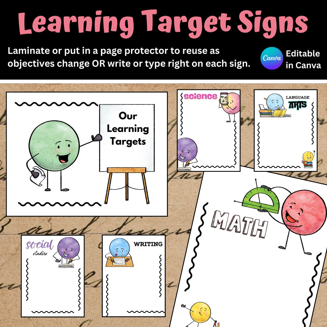 Learning Target Signs | Editable in Canva | Cute Dot Dudes | Display ...