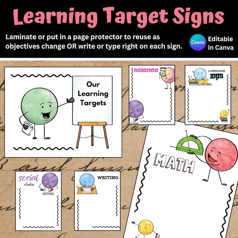 Learning Target Signs | Editable in Canva | Cute Dot Dudes | Display ...