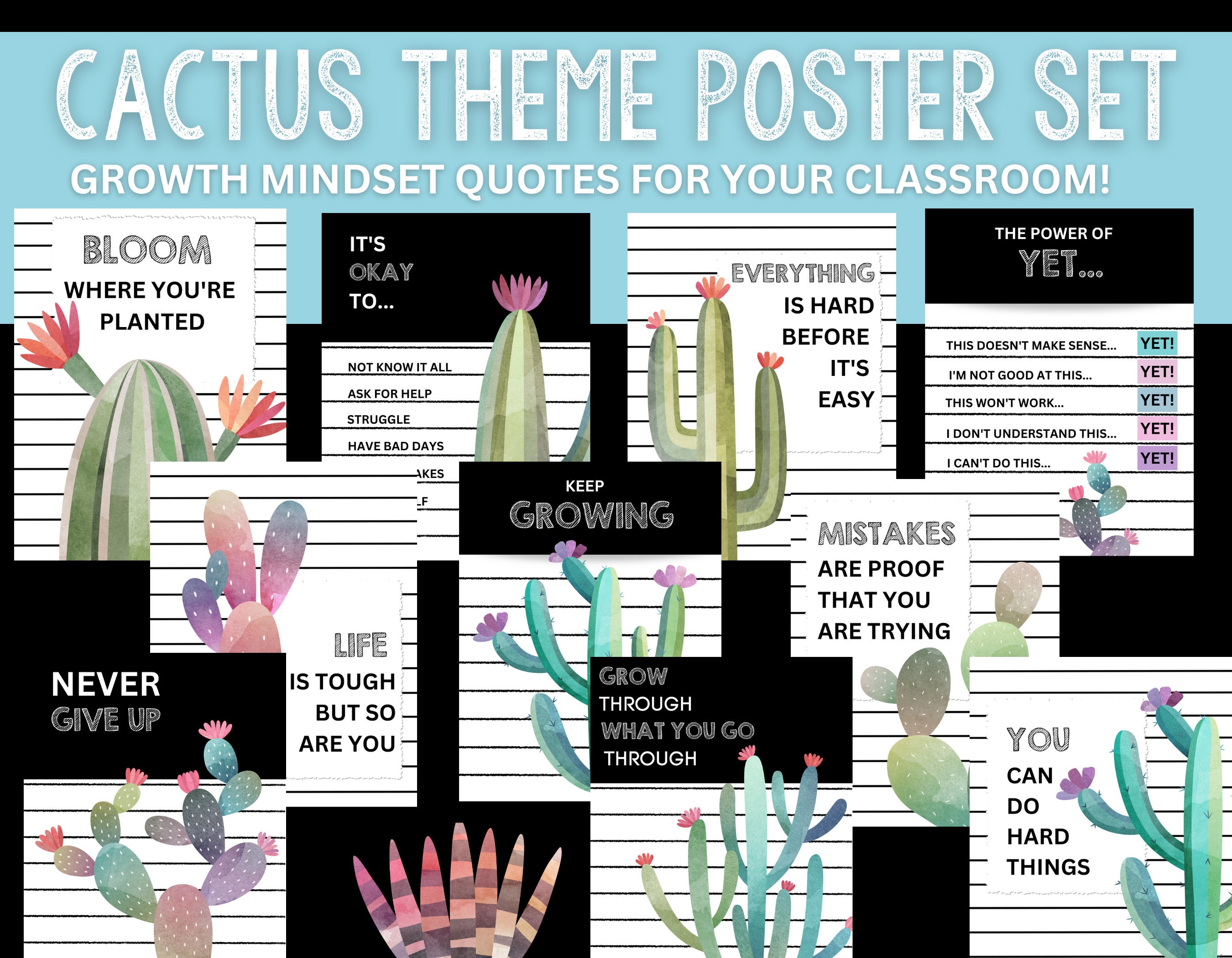 Cactus Classroom Poster Set: 10 Growth Mindset Quotes (digital Download ...