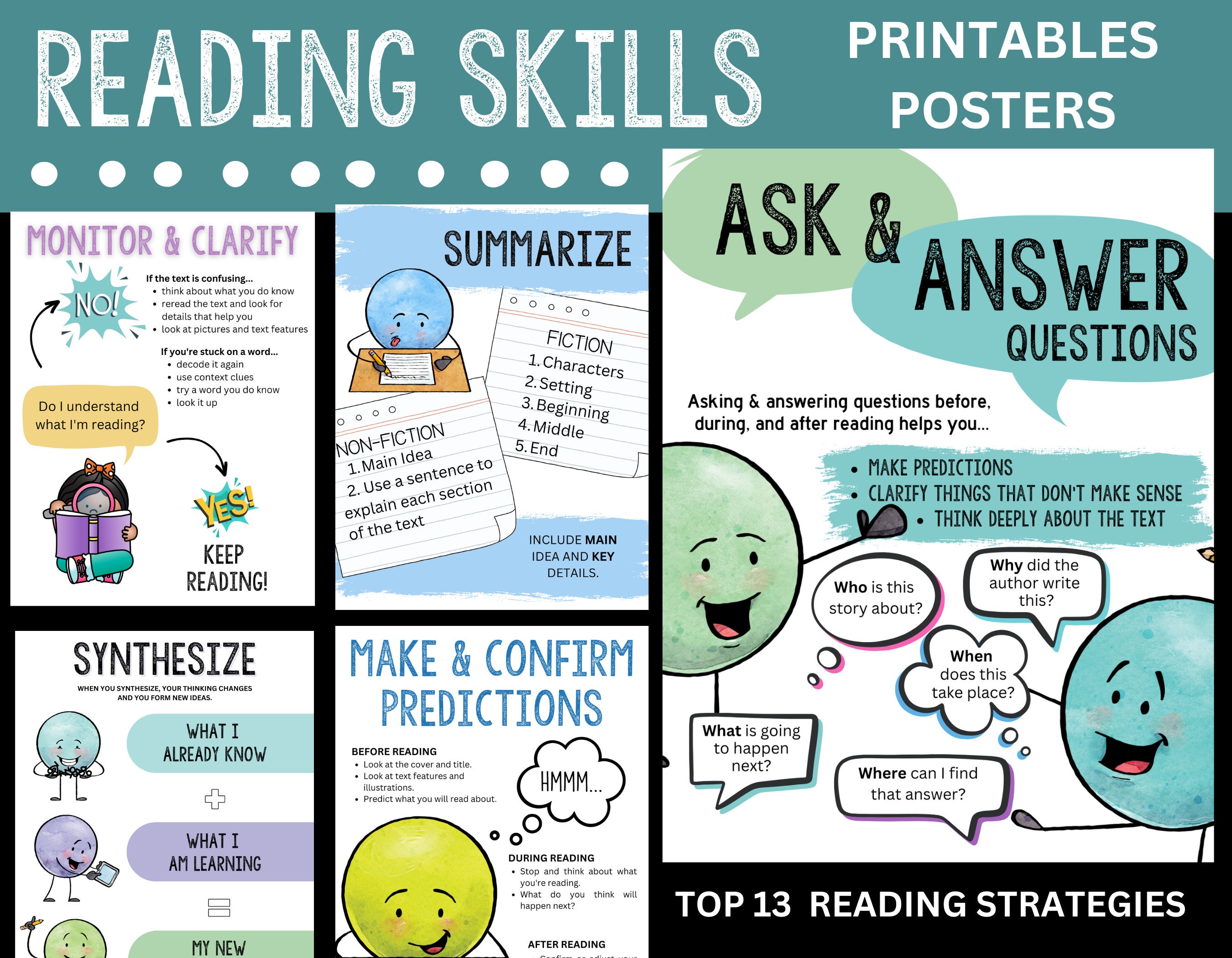 Reading Strategies Posters ELA Literacy Printable Posters Colorful ...
