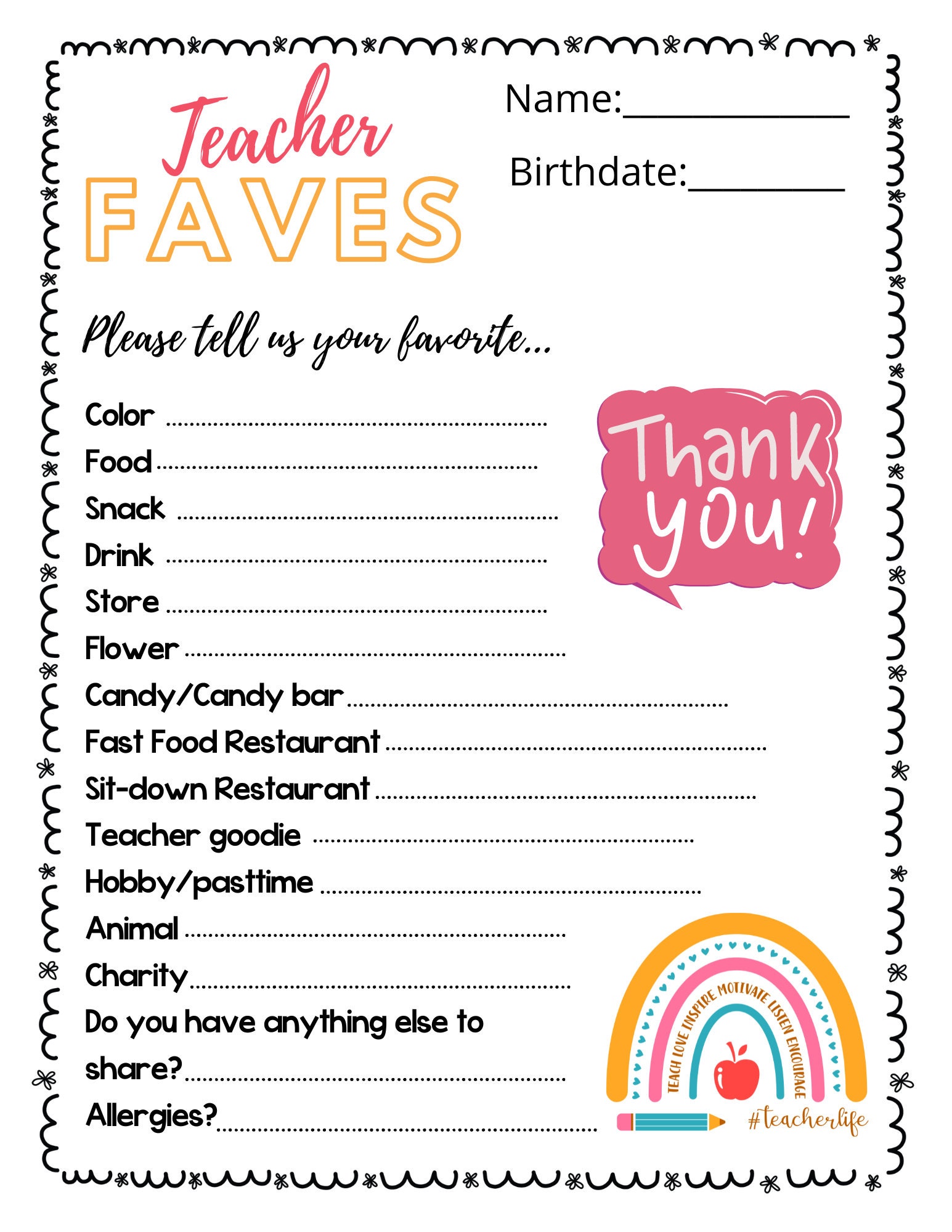 Favorites List for Staff | Teachers | Coach | Nurse | Secretary ...