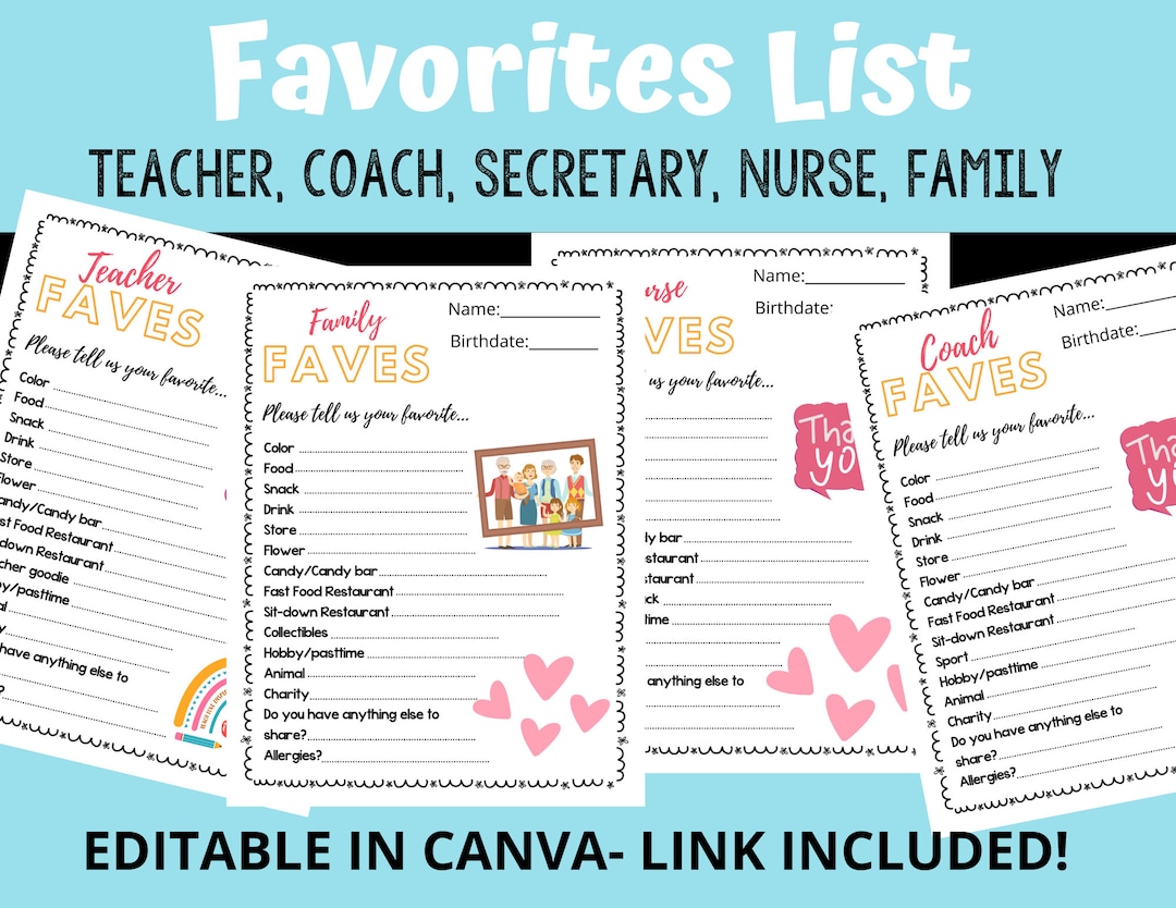 Personalized Favorites List: Teacher, Coach, Nurse, Secretary, Family ...