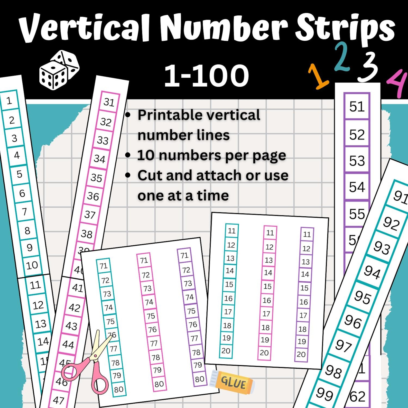Vertical Number Lines | 1-100 | Number Strips | Counting | Math | Games ...