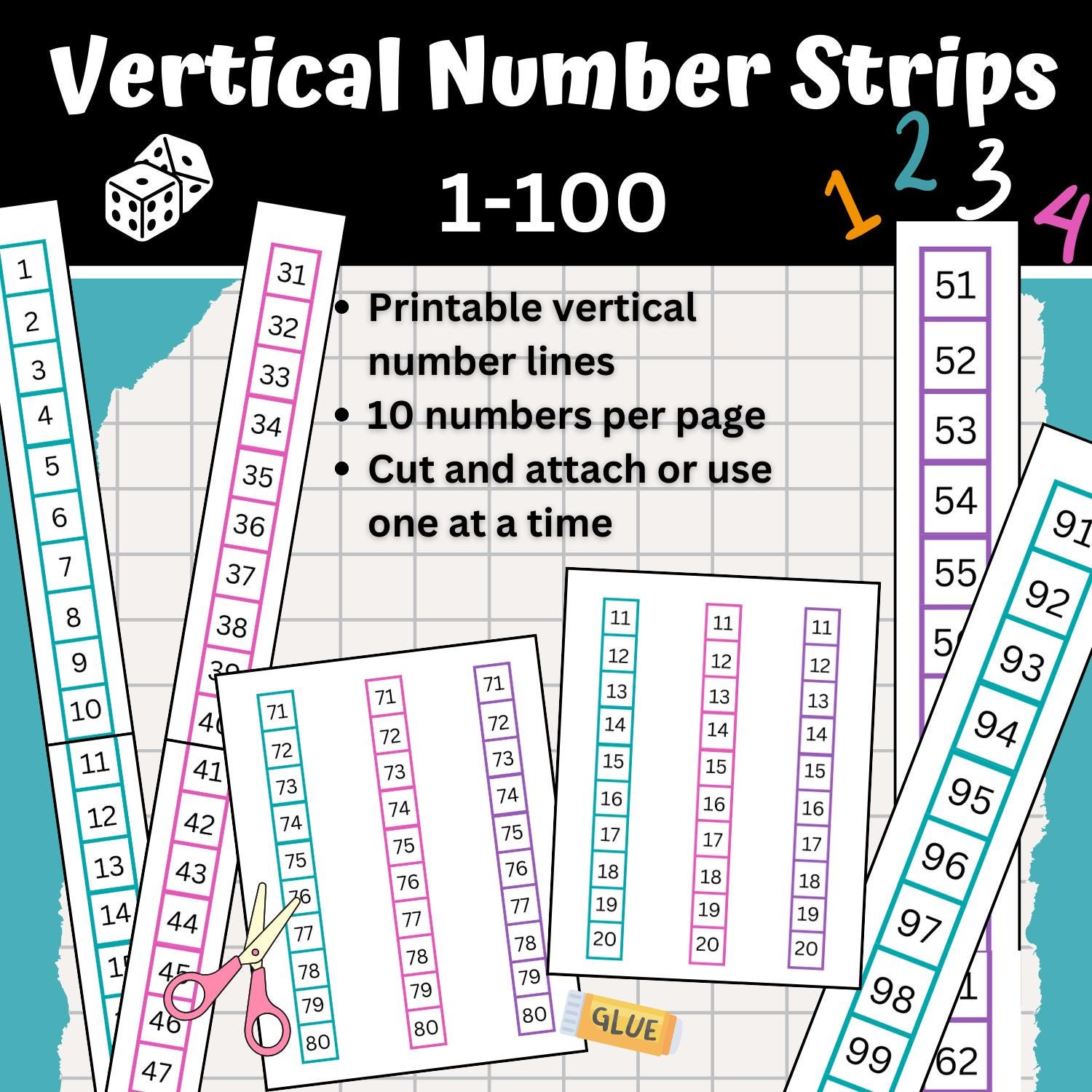 Vertical Number Lines | 1-100 | Number Strips | Counting | Math | Games ...