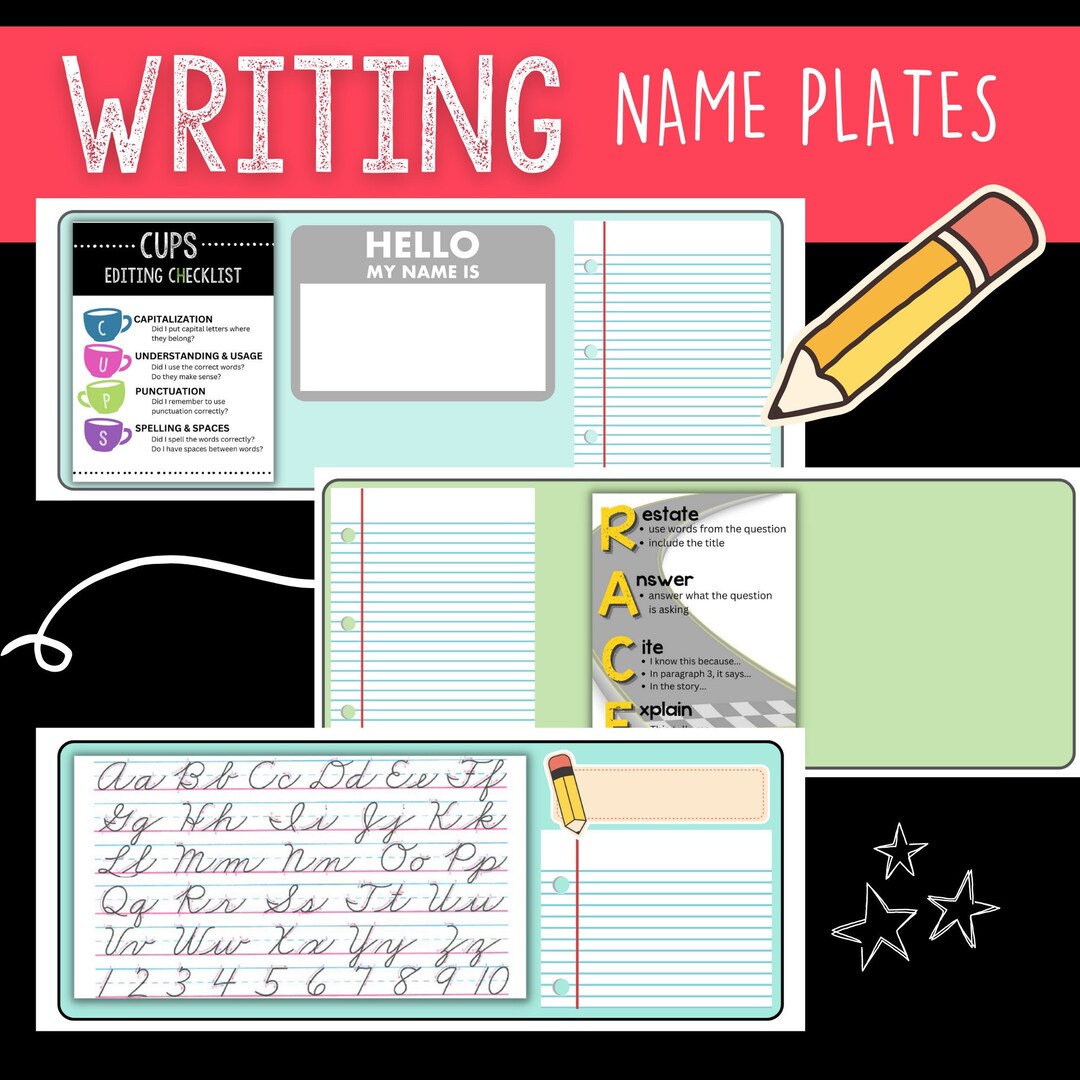 Writing Name Plates: CUPS, RACE, Cursive Alphabet (PDF) - Etsy