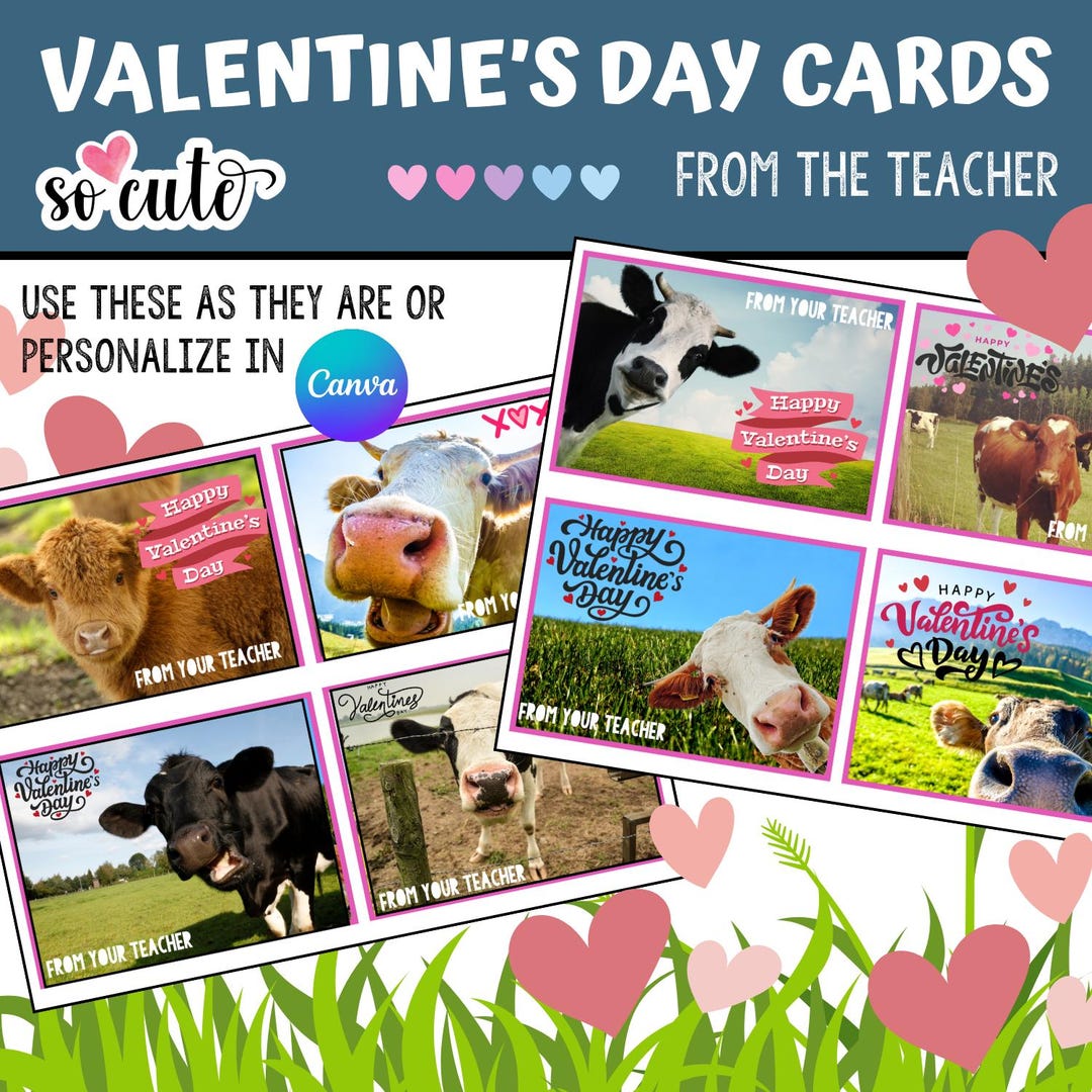 Valentine's Day Cards | From Your Teacher | Cute Cow Theme | Printable ...