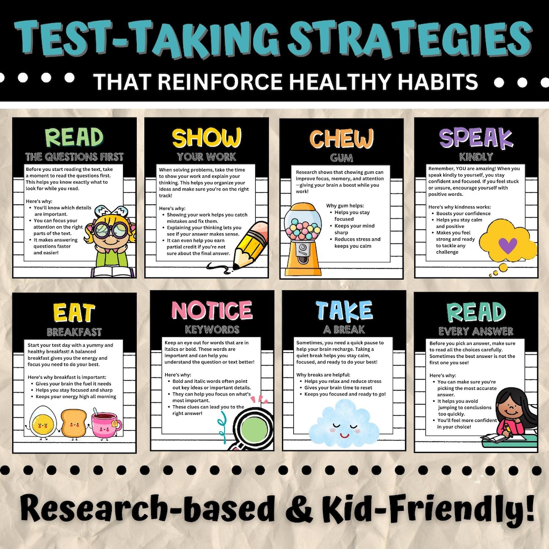 Test-taking Strategies | 18 Colorful Kid-friendly Posters | Printables ...