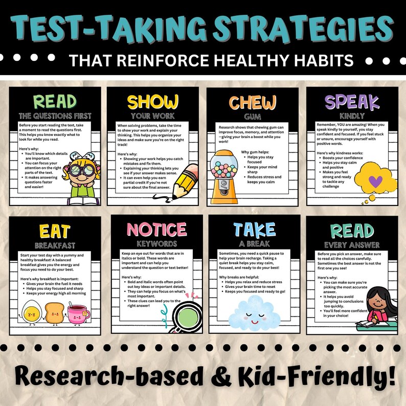 Test-taking Strategies | 18 Colorful Kid-friendly Posters | Printables ...