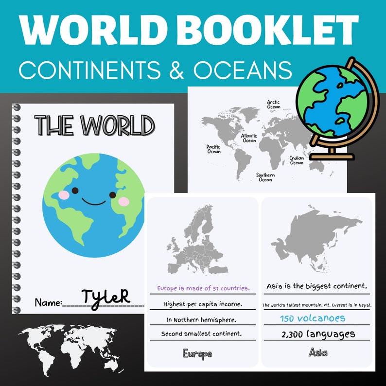 World Booklet | 7 Continents | 5 Oceans | Label Color Write Facts ...