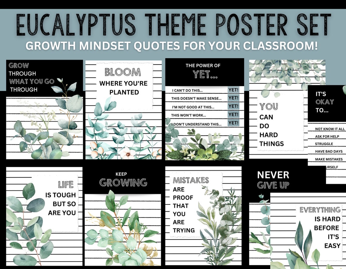 Eucalyptus Theme Classroom Poster Set Growth Mindset 10 Printables ...