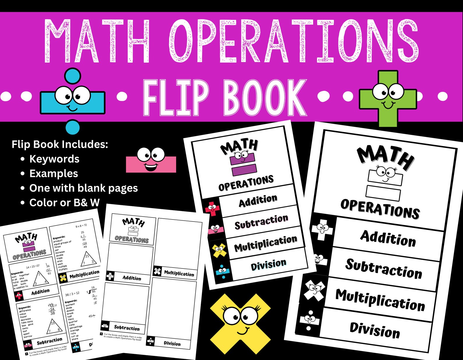 Math Operations Flipbook Addition Subtraction Multiplication Division ...