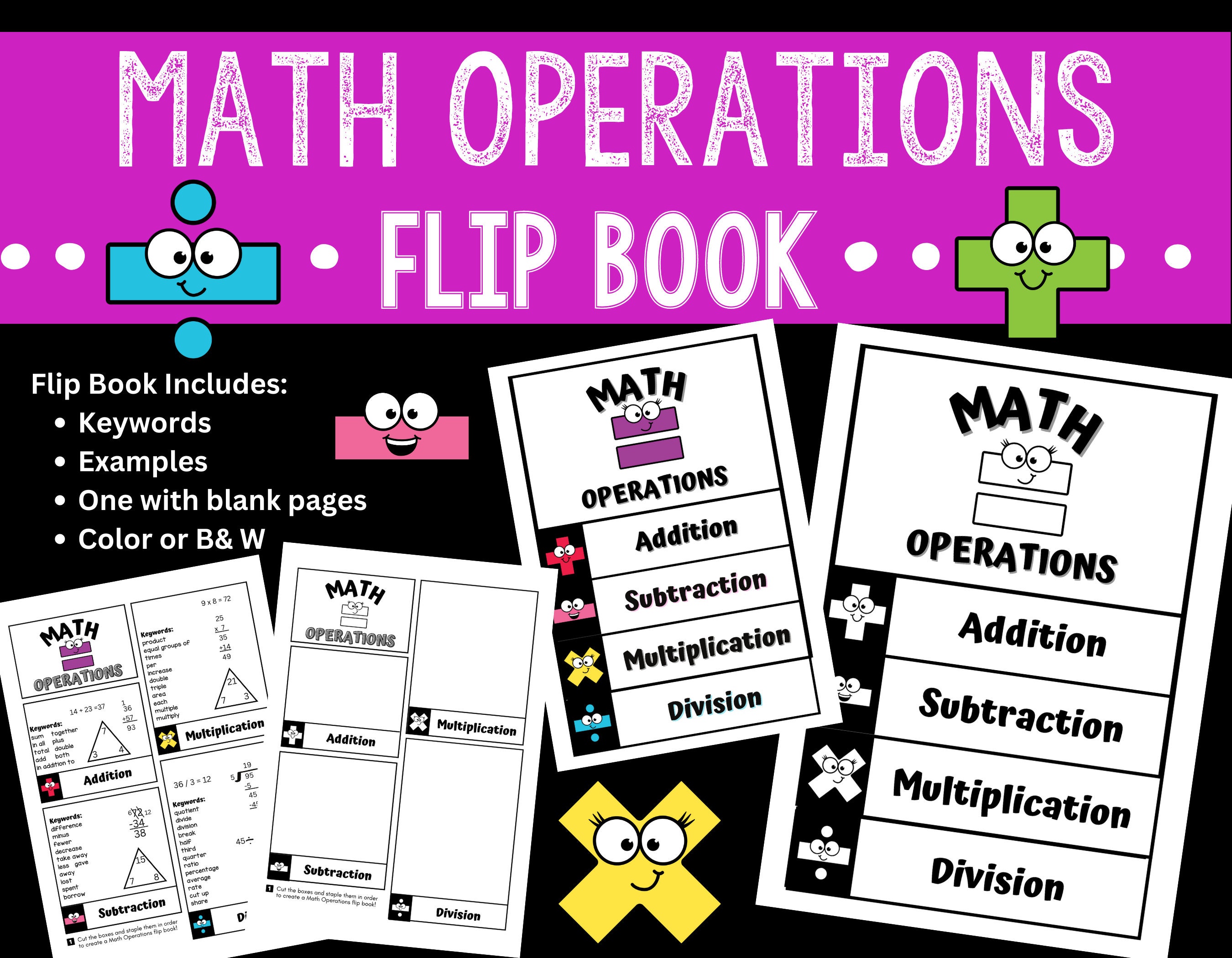 Math Operations Flipbook Addition Subtraction Multiplication Division ...