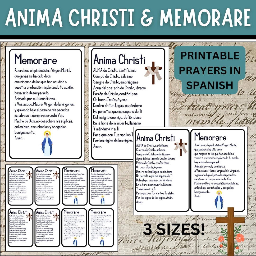 Anima Christi and Memorare Prayers in Spanish | Printable Prayer Cards ...