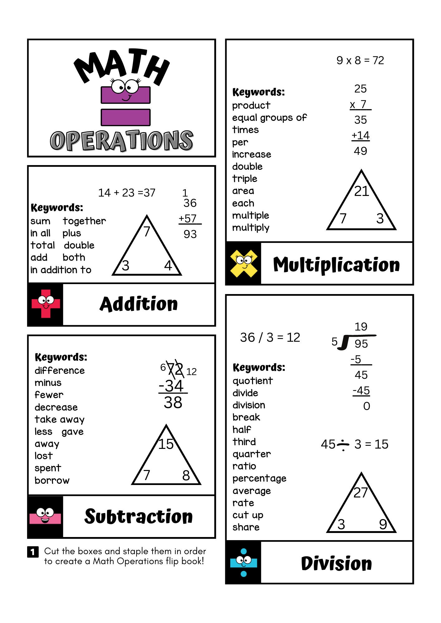 Math Operations Flipbook Addition Subtraction Multiplication Division ...