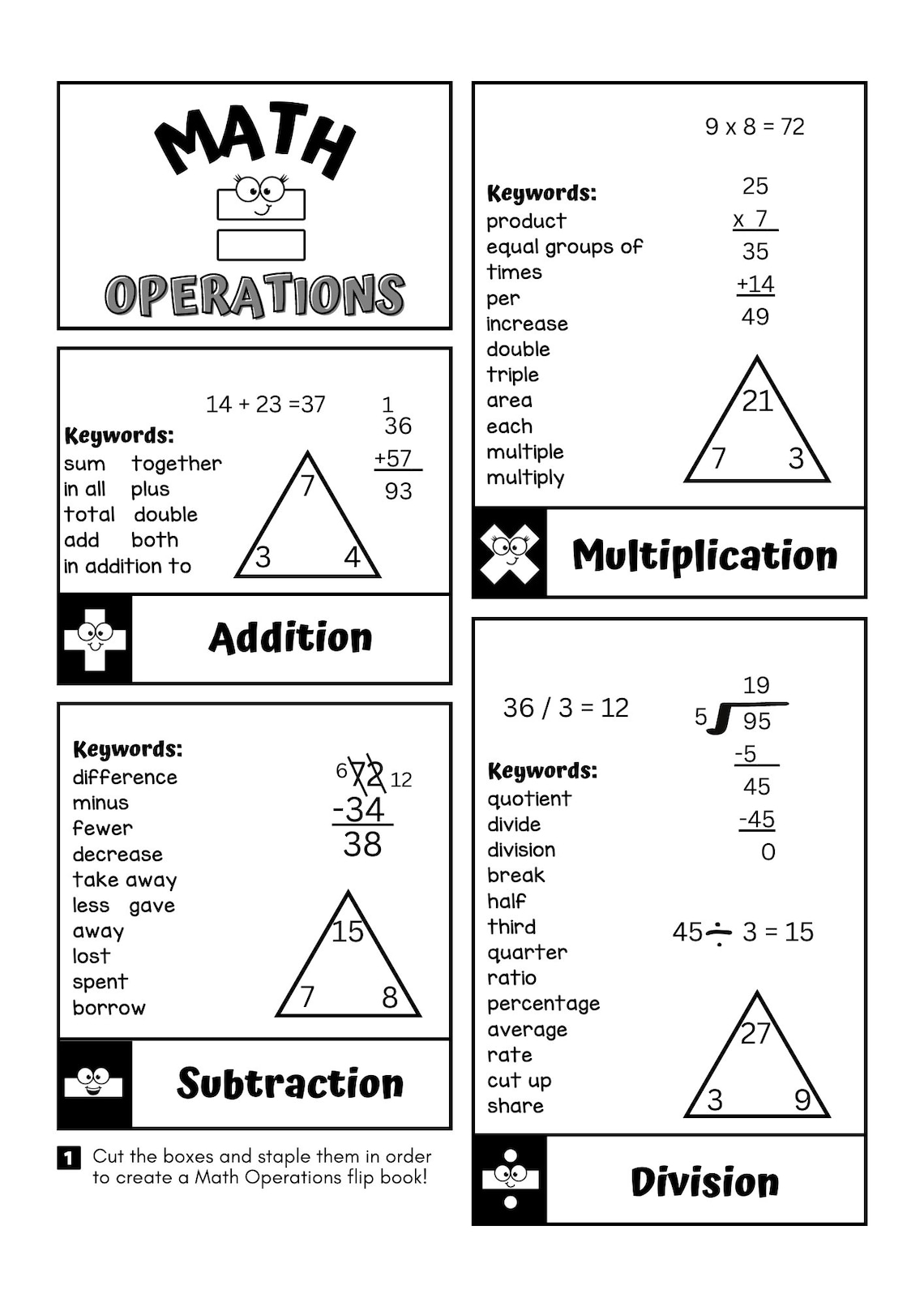 Math Operations Flipbook Addition Subtraction Multiplication Division ...