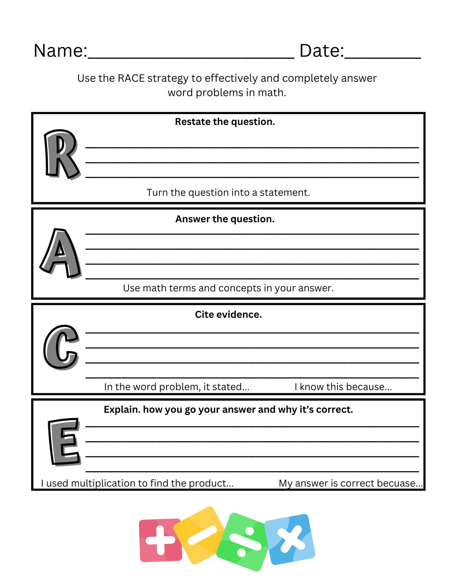 RACE Math Strategy Worksheet: Word Problem Responses (PDF) - Etsy