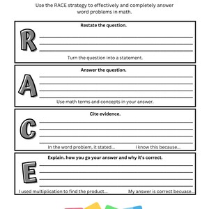 RACE Math Strategy Worksheet: Word Problem Responses (PDF) - Etsy