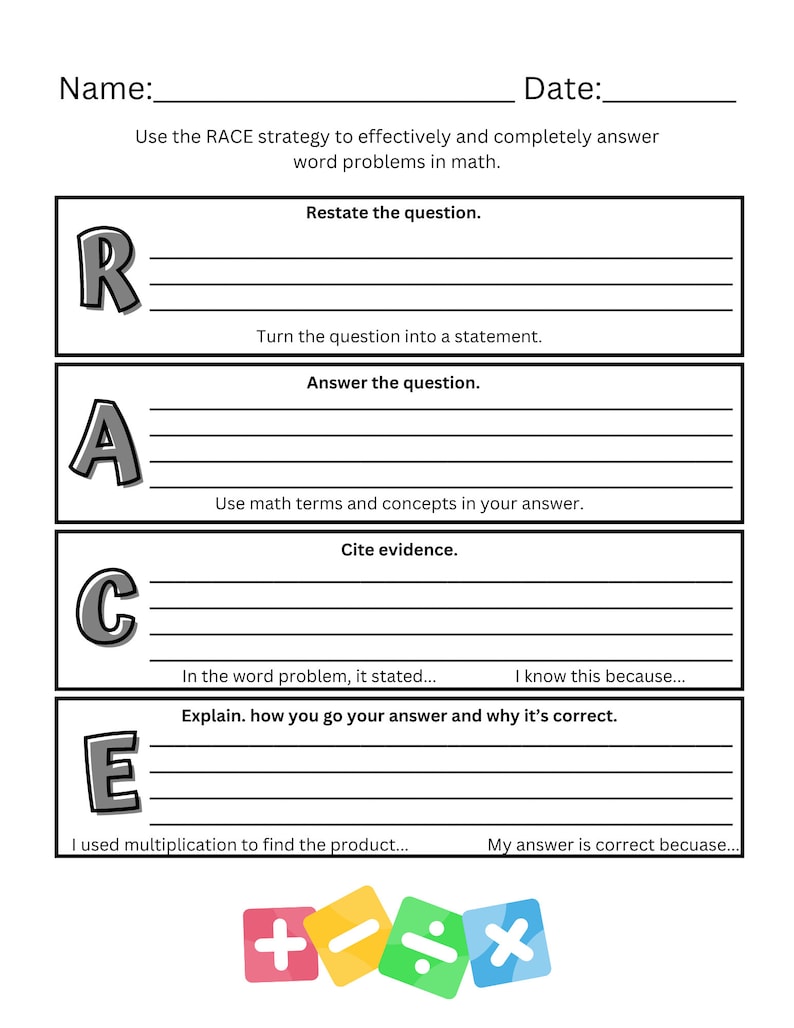 RACE Math Strategy Worksheet: Word Problem Responses (PDF) - Etsy