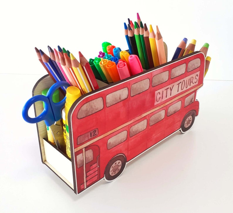 Wooden Double Decker Bus Pencil Holder, Pencil Box, Crayon Box, Home ...