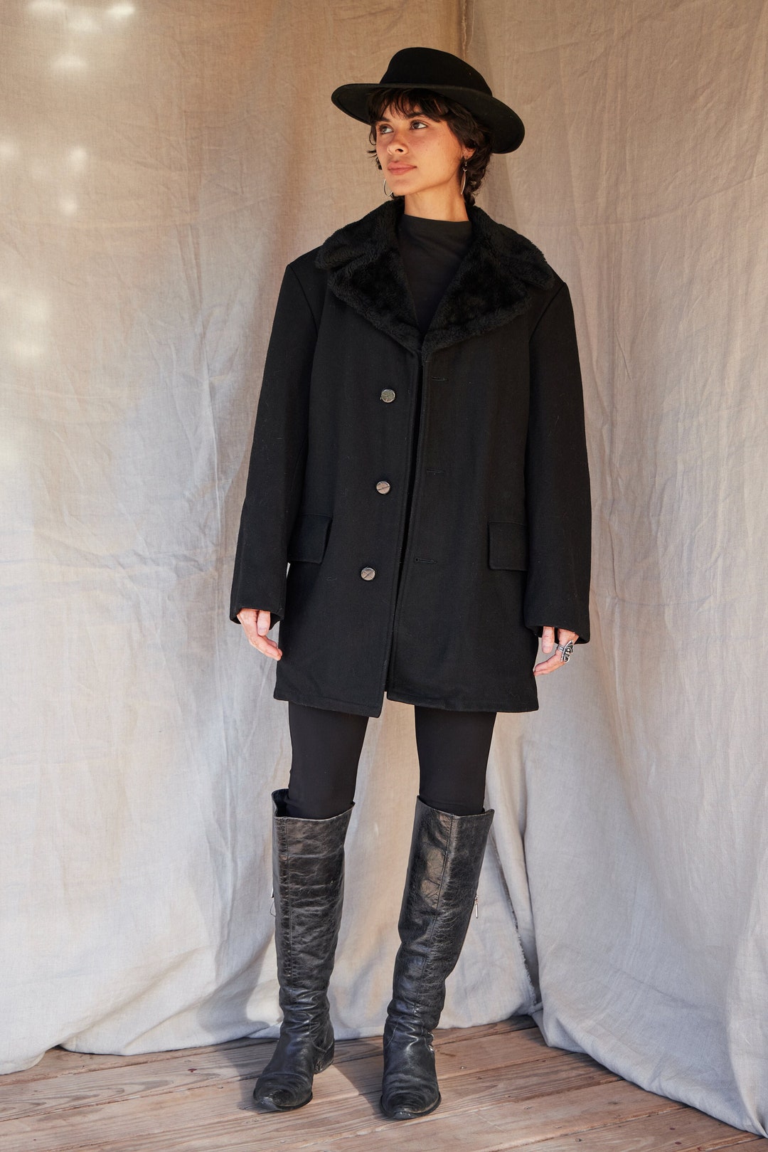 Vintage 70’s Dan Jac Heavy Duty Black Wool Winter Coat W/ Faux Fur ...