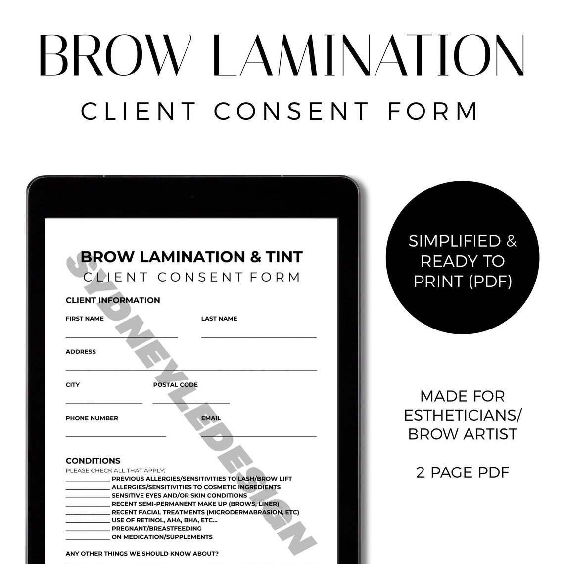 Brow Lamination & Tint Consent Form | Brow Waiver, Brow Artist Form ...