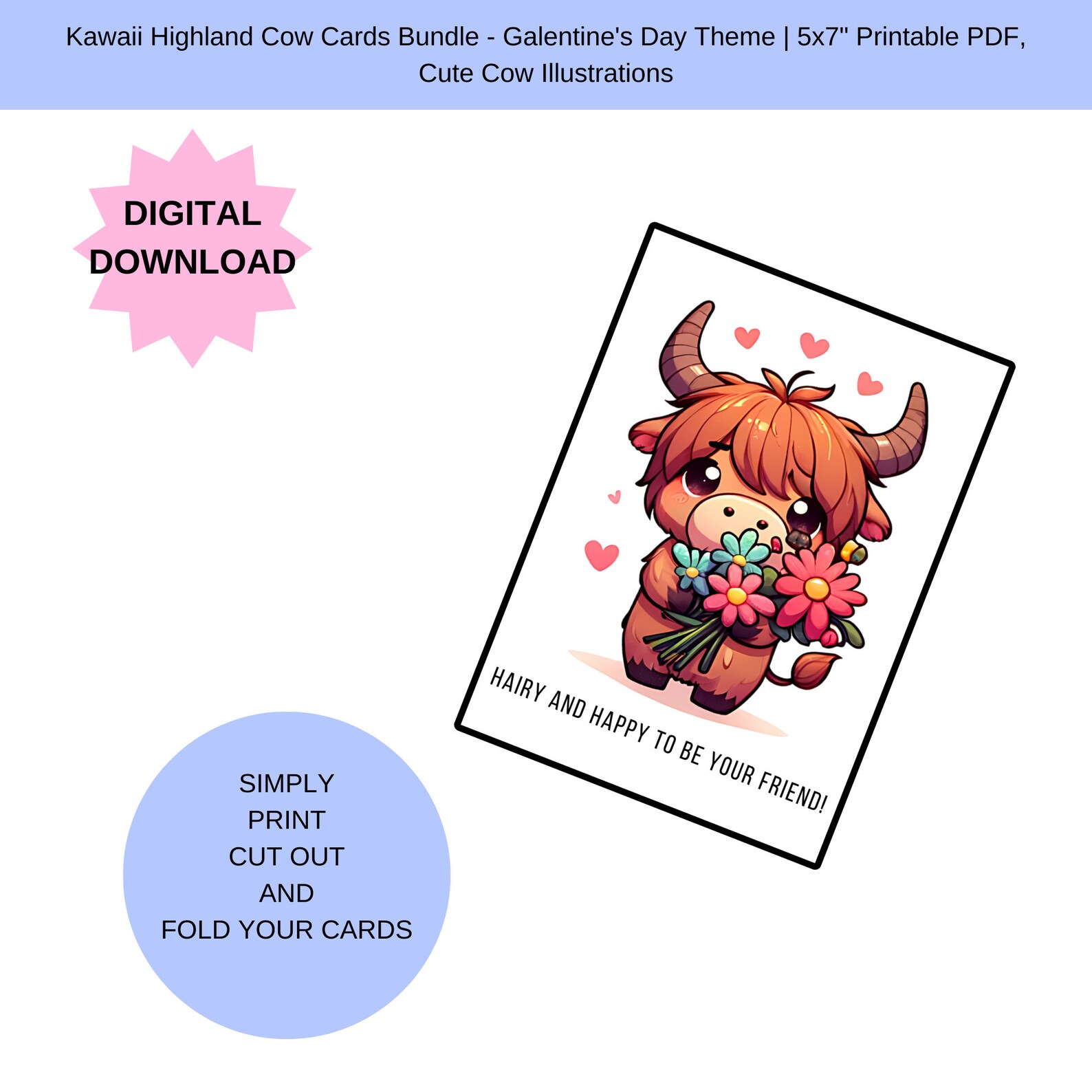 Kawaii Highland Cow Cards Bundle Galentine's Day Theme 5x7 Printable ...