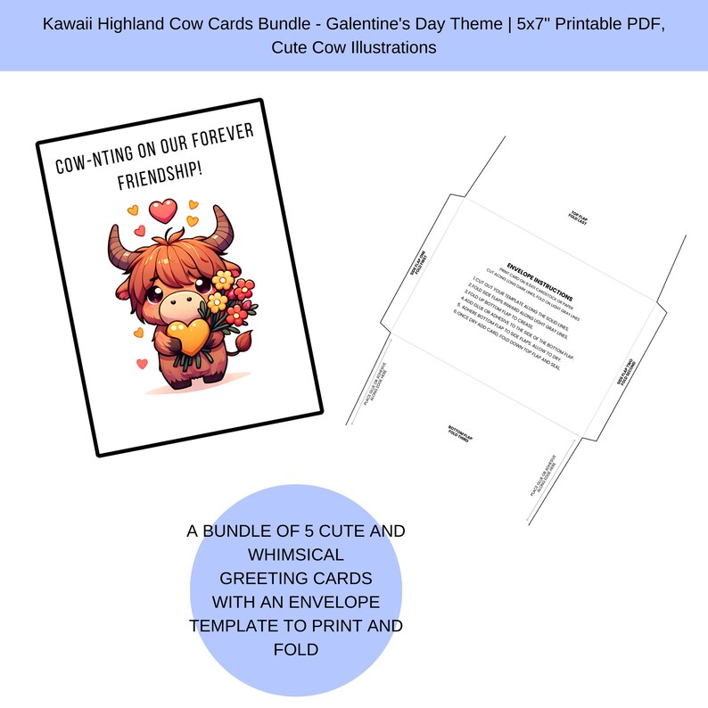Kawaii Highland Cow Cards Bundle Galentine's Day Theme 5x7 Printable ...
