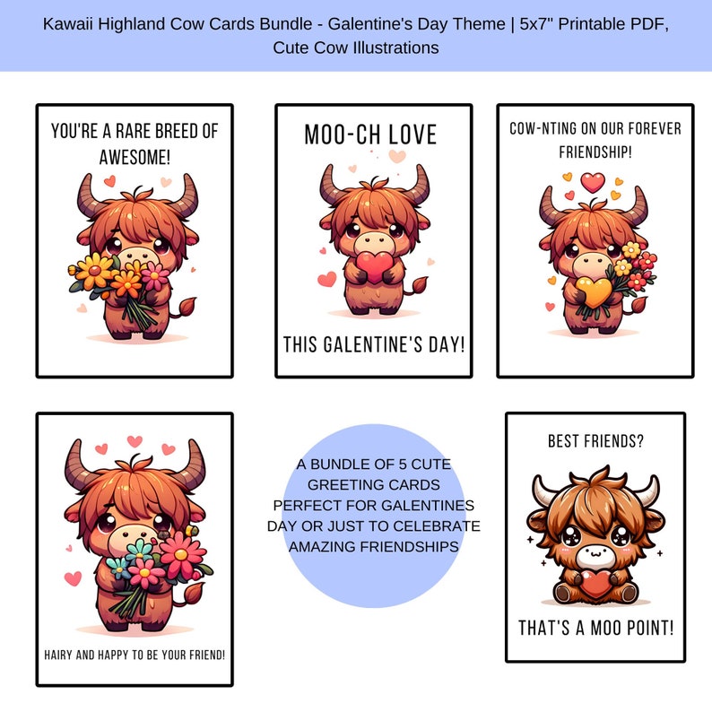 Kawaii Highland Cow Cards Bundle Galentine's Day Theme 5x7 Printable ...