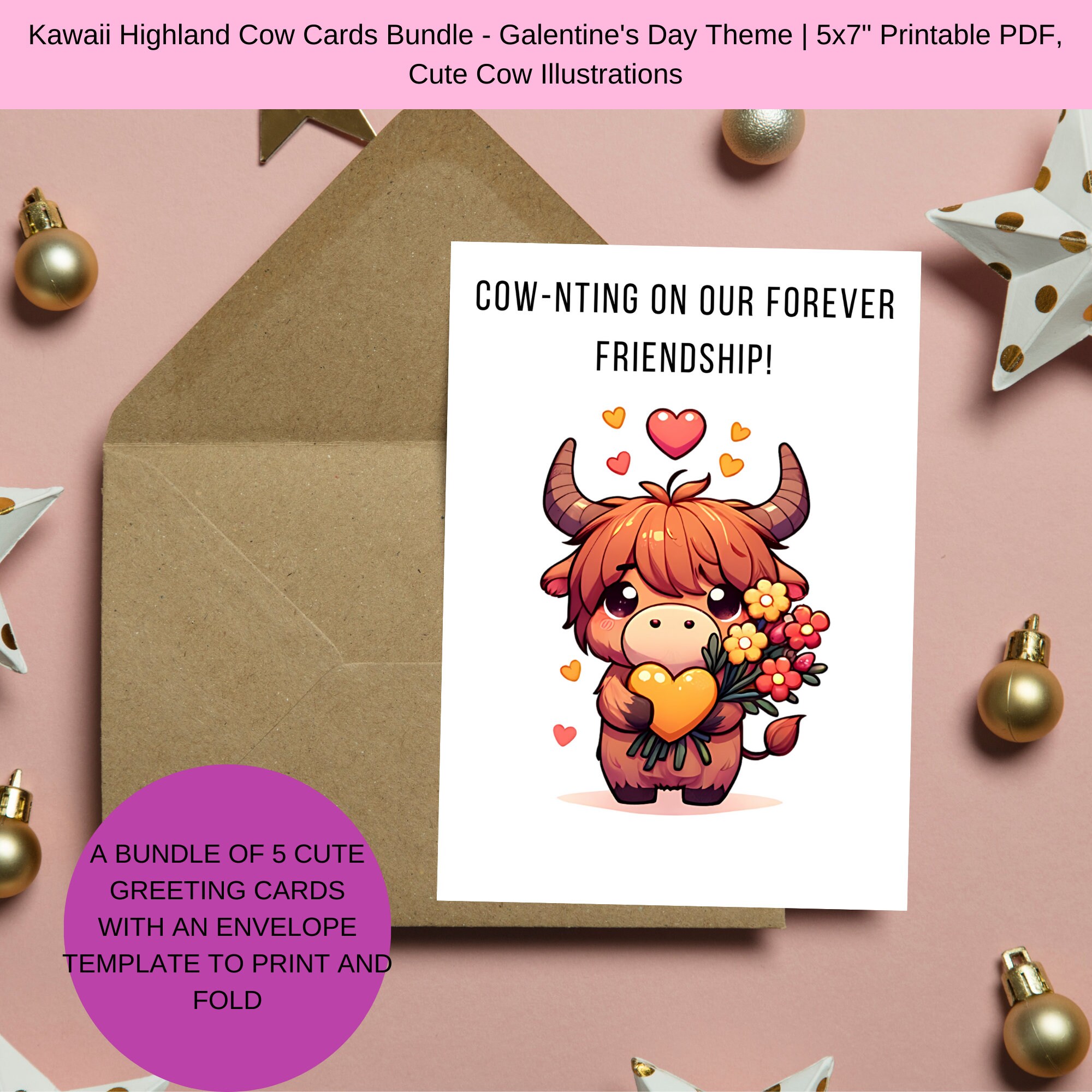 Kawaii Highland Cow Cards Bundle Galentine's Day Theme 5x7 Printable ...