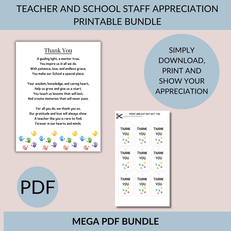 Teacher Appreciation Printable Bundle School Staff Gift Tags, Wall Art ...